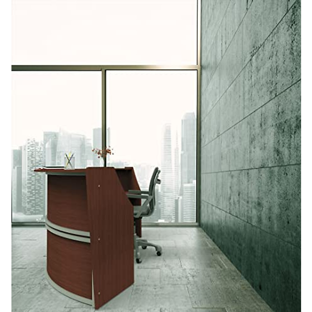 Linea Italia Curved Modern Office Desk Easy to Assembly 2 Panel Reception Counter for Lobby, Salon, 124" x 49", Cherry