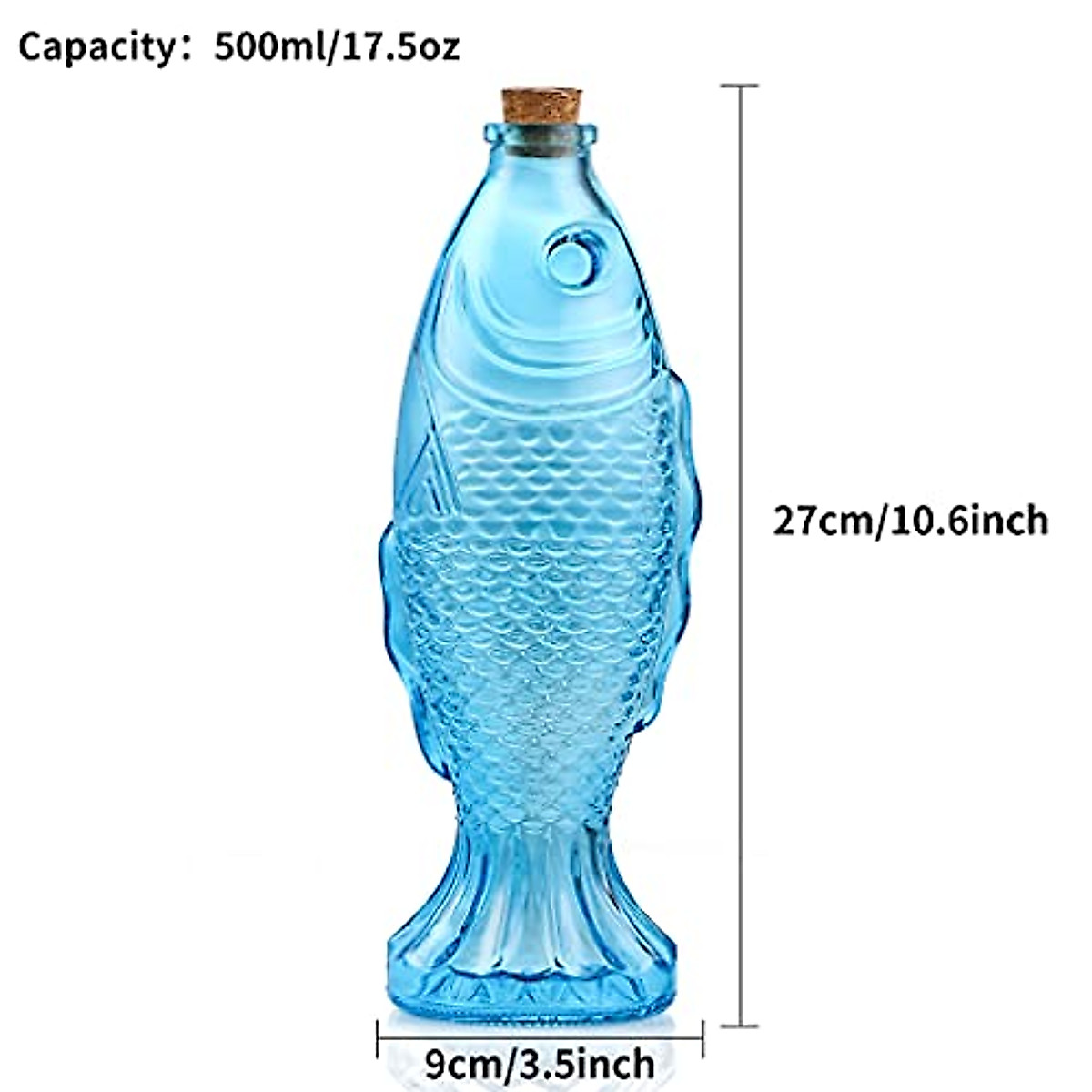 MDLUU 3-Pack Fish Shaped Glass Bottles, Decorative Bottles with Cork Stopper, Fish Decanters for Gift, Bar, Home Decor, Capacity 500ml/17.5oz (Blue)