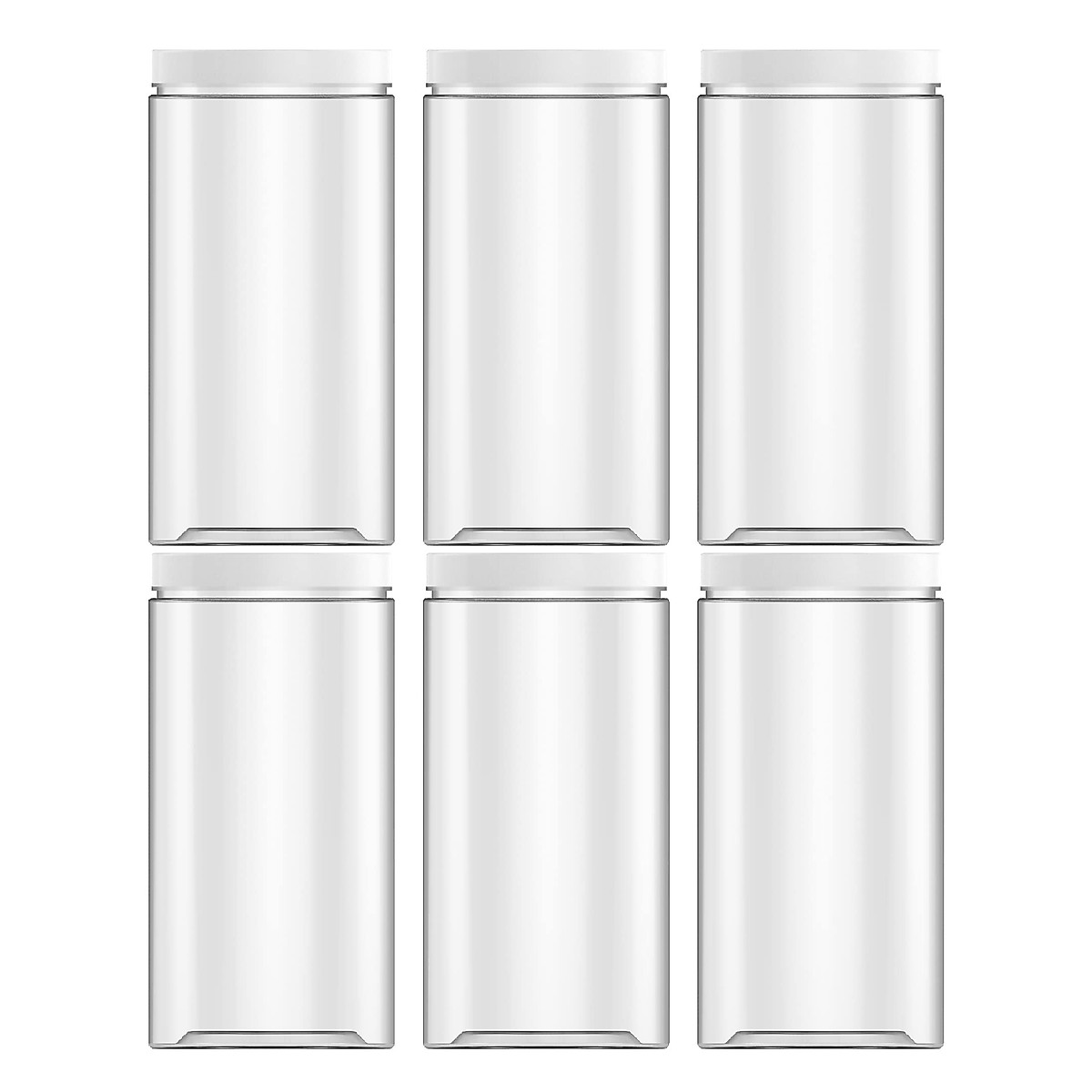 HoleviFO 48oz (1420 ml, 6 Pack) Clear Tall Plastic Jars with Smooth White Lids and Labels, Cylindrical Food Storage BPA Free PET Quart Size Canisters for Home & Kitchen Pantry Organization and Storage