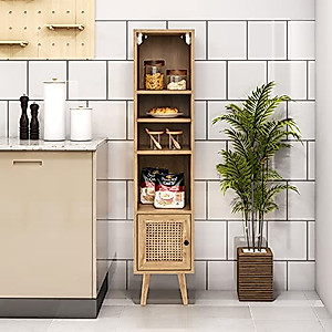 Giantex 54" Tall 4-Tier Bookcase with Door, Freestanding Slim Narrow Book Cabinet with Adjustable Shelf, Vertical Bookshelf with Leg, Open Shelving Display Rack, Boho Wooden 4-Cube Storage Organizer