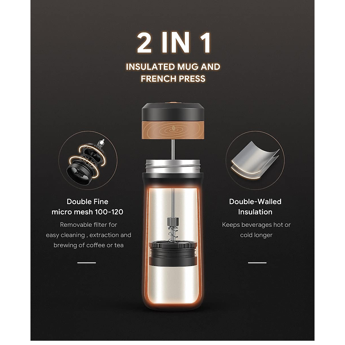 BENFUCHEN Portable French Press Coffee Maker Car-Go Vacuum Insulated Travel Bottle Mug, Hot/Cold Brew Coffee Press With Four-Layer Unique Filter Mesh Stainless Steel Tea Press Single Serve