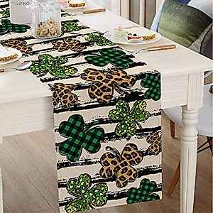 Seliem St. Patrick's Day Shamrock Clover Table Runner, Black Stripe Buffalo Polka Dot Leopard Kitchen Dining Table Decor Irish Burlap Home Decoration Indoor Outdoor Holiday Party Supply 13 x 72 Inches