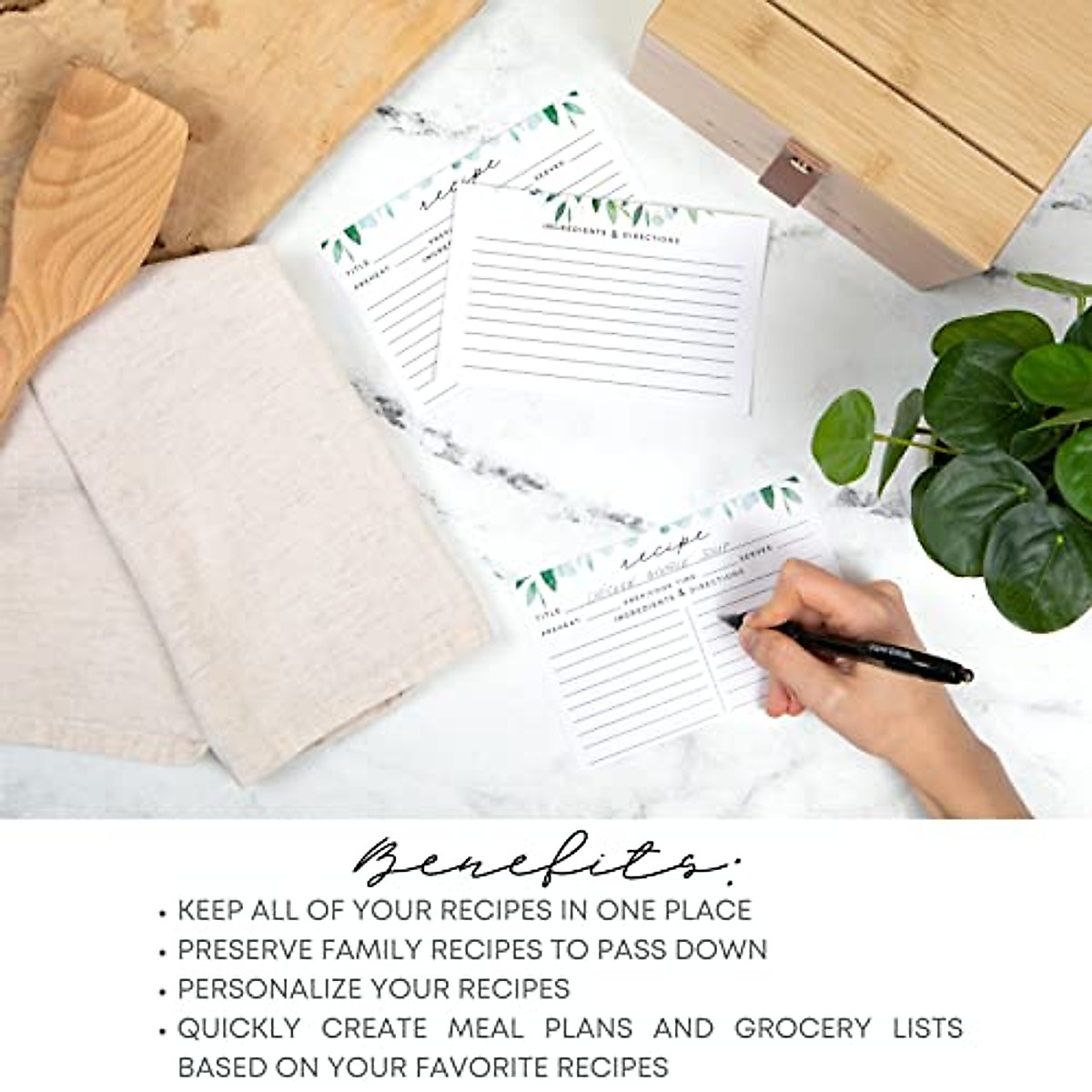 Pera Blanca Recipe Box with Cards and Dividers | Recipe Card Box Faux Leather Handle | 50 Eucalyptus Patterned Recipe Cards and Box Set | Wooden Recipe Box | Housewarming Gifts | Wood Recipe Box 4x6