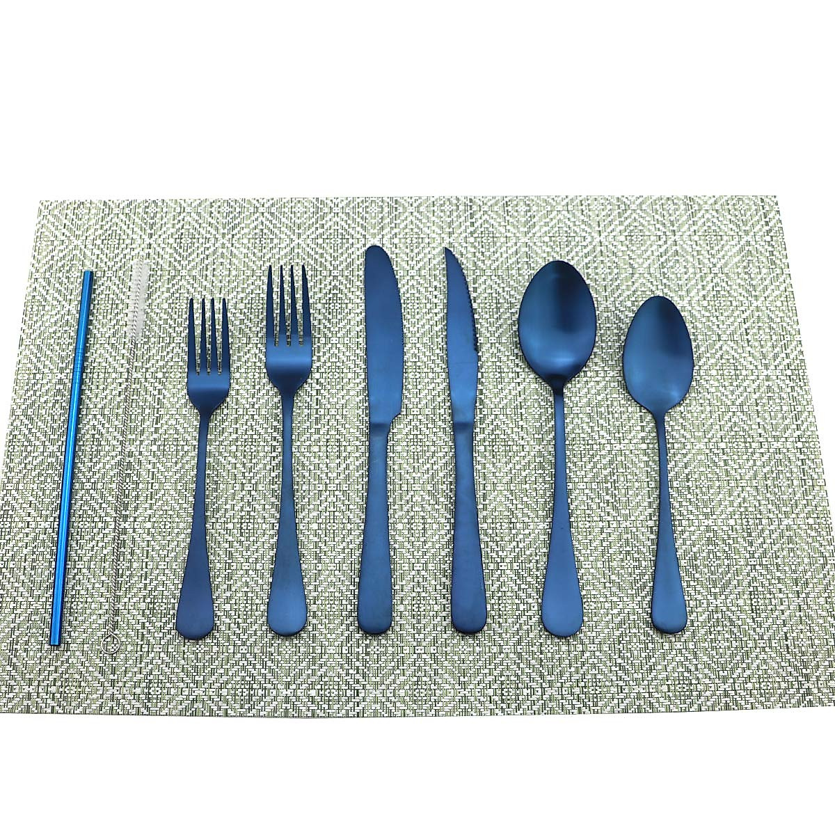 Uniturcky Durable Silverware Flatware Cutlery Set, Food Safe Grade Stainless Steel Utensils 24-Piece Service for 4,Include Knife/Fork/Spoon/Metal Straws/Cleaning Brus, Dishwasher Safe (Matte Blue)