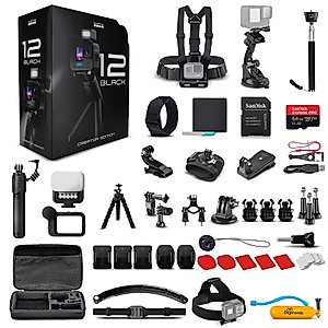 GoPro HERO12 Black Creator Edition - includes Volta (Battery Grip, Tripod, Remote), Media Mod, Light Mod, Enduro Battery - Waterproof Action Camera + 64GB Card & 50 Piece Accessory Kit - Bundle
