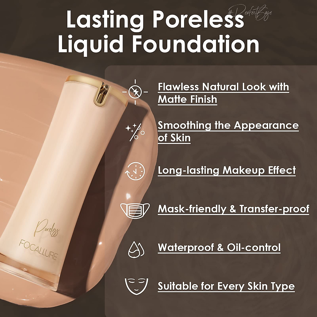 FOCALLURE PerfectBase Lasting Poreless Liquid Foundation, Medium to Full Coverage with Matte Finish, Covers Blemishes & Under-Eye Circles for All Skin Types, WP12 Dune