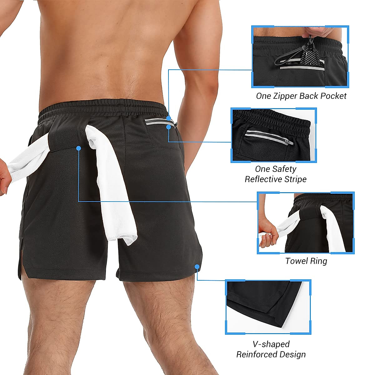 JWJ Mens Workout Shorts 5 Inch Athletic Running Shorts Quick Dry Elastic Gym Shorts for Men Jogging with Zipper Pockets,Black XL