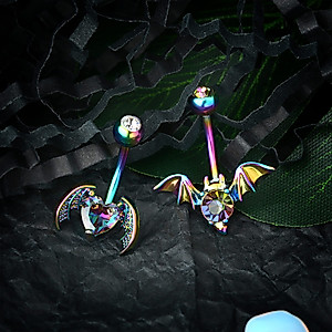 CM Crareesi Mania Navel Piercing Jewelry 14G Bat Belly Button Ring 316L Stainless Steel 10mm Belly Ring Rainbow Belly Button Piercing Jewelry for Halloween