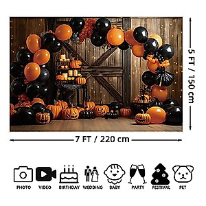 MOONDECO Photography Backdrop 7x5ft Halloween Arch Balloon Jack O Lantern Wood Party Background Kids Candle Light Fire Fly Photo Booth Decorations