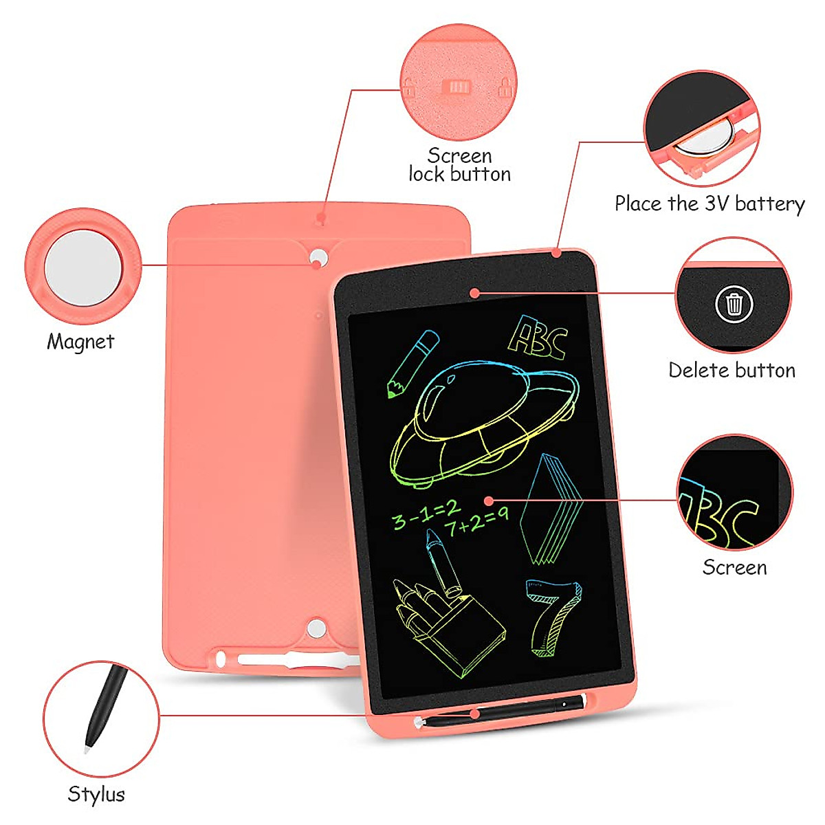 LCD Writing Tablet 12 Inch Toddler Doodle Board, Colorful Drawing Tablet, Erasable Electronic Painting Pads, Educational and Learning Kids Toy for 2 3 4 5 6 Year Old Boys and Girls Gifts(Pink)