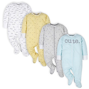 Gerber Unisex Baby 4 Pack Sleep 'N Play Footie Words Grey Newborn