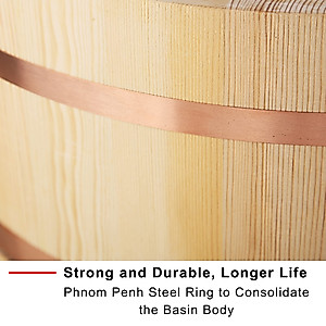 Round Hangiri Wooden Sushi Rice Bowl, Sushi Oke Rice Mixing Tub with Copper Bands, Japanese-Style Cooling Bowl Bucket for Make Sushi and Mix Sushi Rice(Free Wooden Spoon+Roll Mat) / 50cm