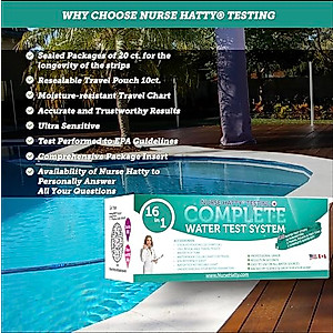 16in1 Premium Drinking Water Test Strips System | 110 Strips | Home Water Well Tap Quality Test for Copper, Lead, Chlorine, Hardness, Fluoride, pH, Iron & More w Travel Bag - Nurse Hatty 110ct.