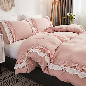 HESBITEUL Duvet Cover Queen Size 3pcs - Soft Bedding Set for Pink Room Decor - Zipper Closure Quilt Shams for Girls Bedroom - Beautiful Beds Covering with Ruffles for Bohemian Loft Inn Apartment