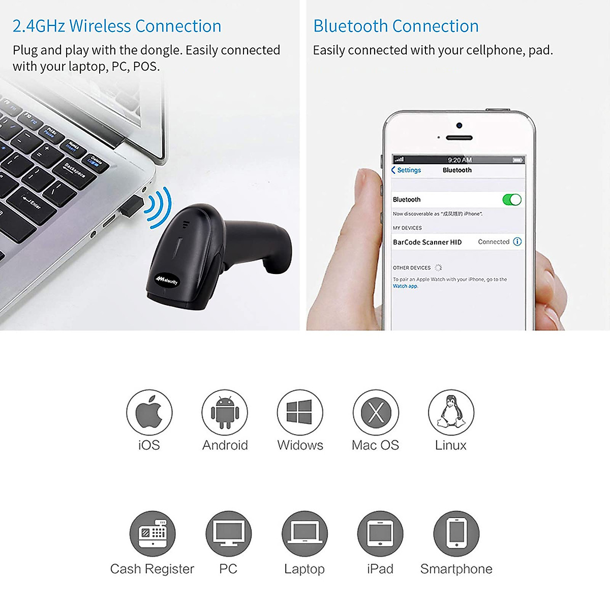 Alacrity Wireless Portable 1D&2D Barcode Scanner with Stand QR Bluetooth Barcode Scanner Gun 3-in-1 Vibration, Cordless, Rechargeable Scan Gun for Inventory Management