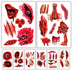 Yazhiji 42 Sheets Halloween Temporary Tattoo Family Set Day of Dead Pumpkin Ghost for Women Black Fake Death Skull Skeleton Tatoos for Men Boy and Girl, Halloween Zombie Makeup Tattoo Kit