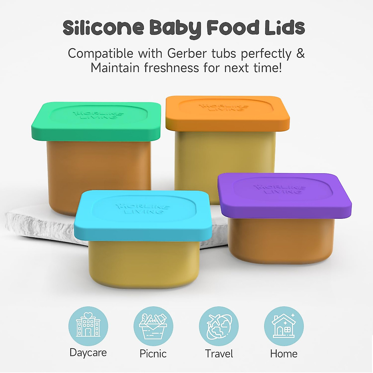 Morlike Baby Food Lids Compatible with Gerber Food Containers, Silicone Container Lid for Baby Food Storage, Reusable and Dishwasher Safe, BPA Free - Lids Only (4 Pack, 4 Color)