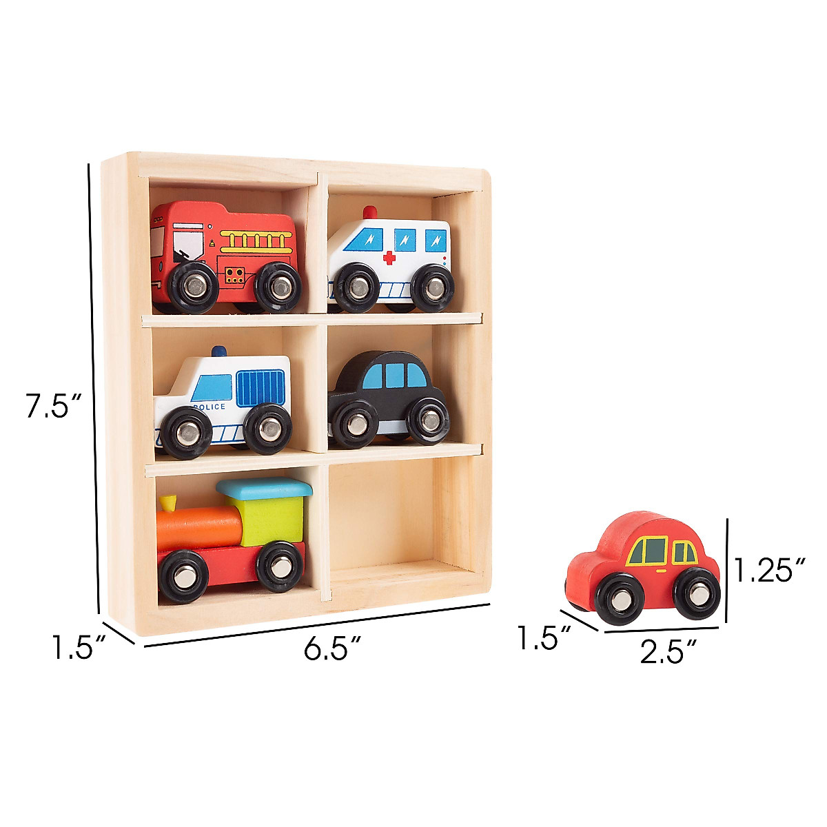 Hey! Play! Wooden Car PlaySet-6-Piece Mini Toy Vehicle Set with Cars, Police and Fire Trucks, Train-Pretend Play Fun for Preschool Boys and Girls