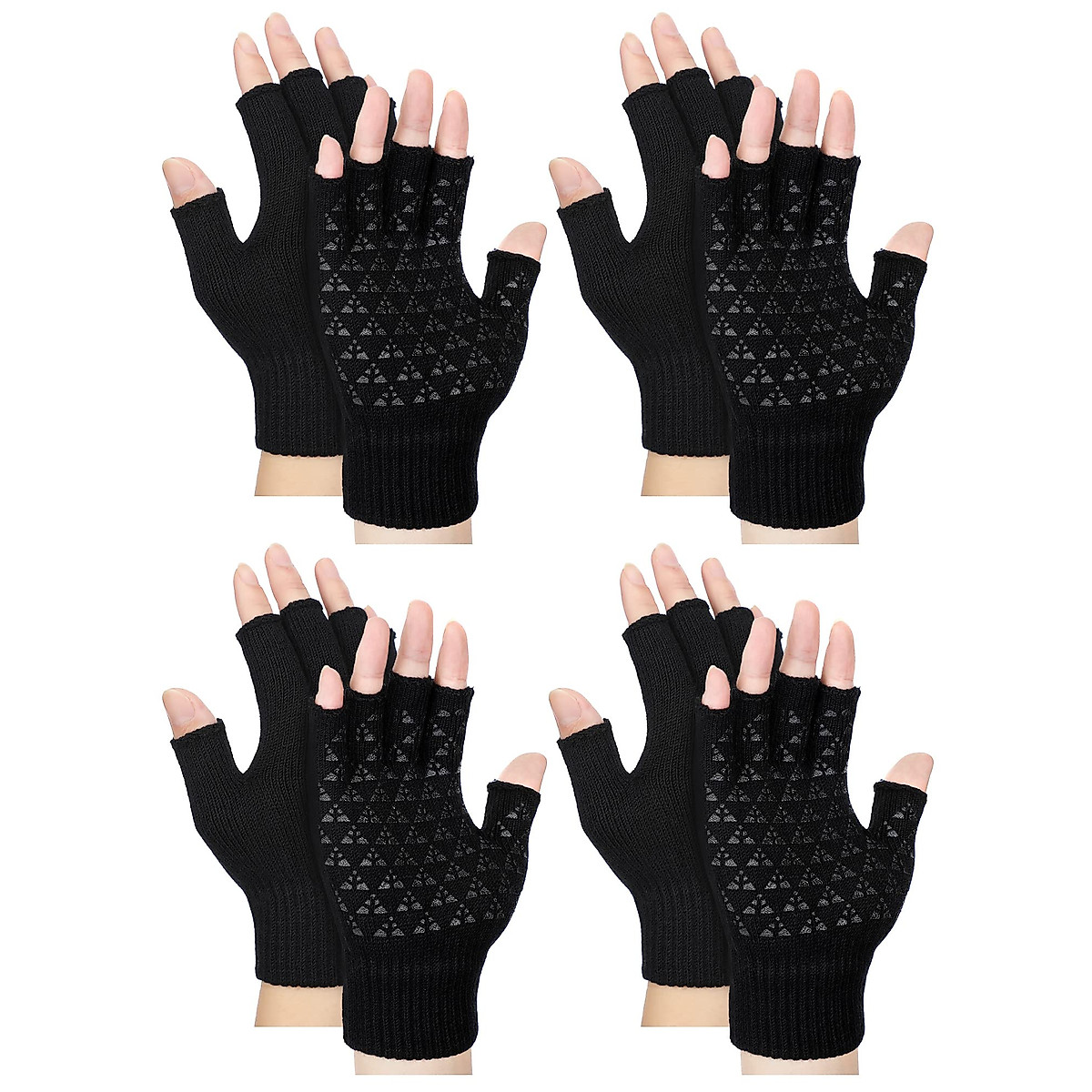4 Pairs Unisex Winter Half Finger Knit Gloves Stretchy Non-Slip Winter Warm Knitted Fingerless Gloves (Black)
