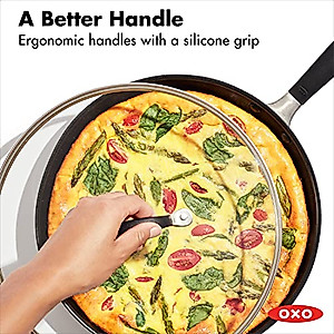 OXO Good Grips 12" Frying Pan Skillet with Lid, 3-Layered German Engineered Nonstick Coating, Stainless Steel Handle with Nonslip Silicone, Black