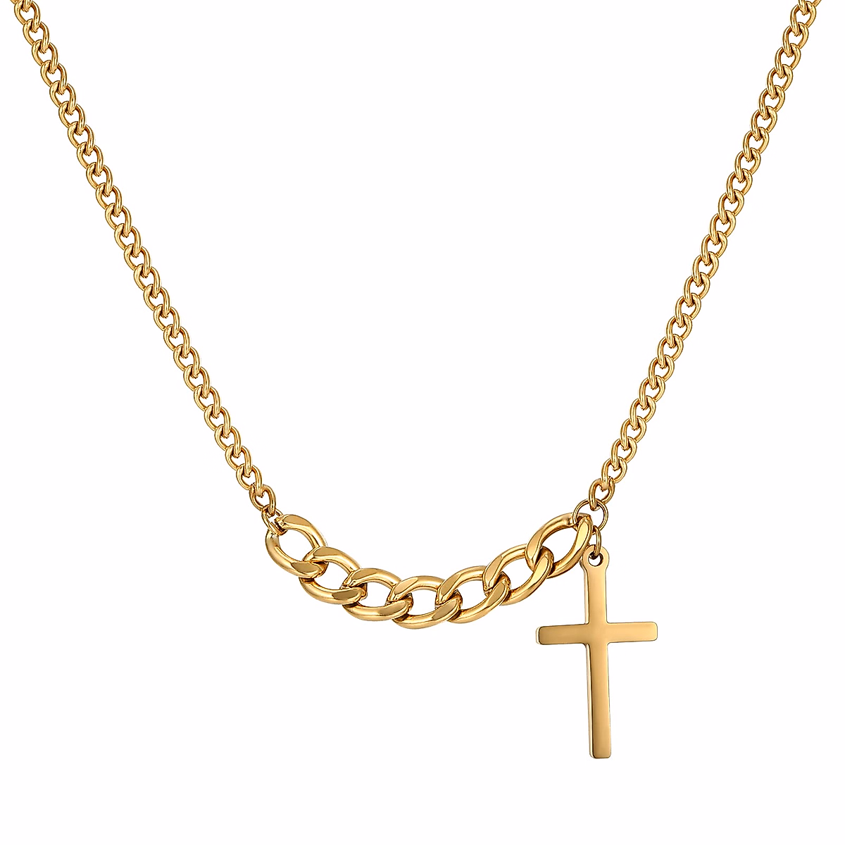 QGoliver Cross Necklace for Women Couple Necklaces Stainless Steel Curb Chain with Lord's Prayer Plain Cross Pendant Necklace for Men, Gold
