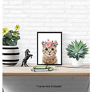 Tabby Cat Wall Decor - Cute Floral Wall Art, Room Decoration for Girls Bedroom, Kids Room, Living Room, Nursery - Gift for Kitty, Pussycat, Kitten, Cat Lovers, Women - Adorable Pink Girly Print