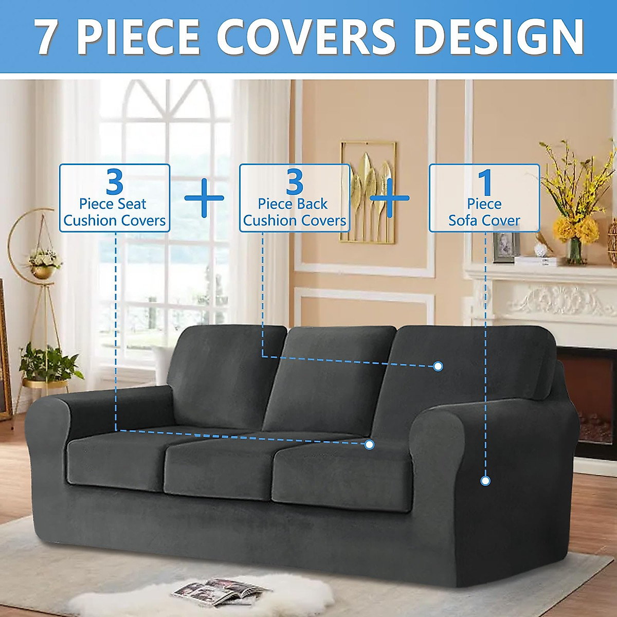 HDCAXKJ Couch Cover 7 Piece Velvet Stretch Dog Sofa Covers for 3 Cushion Couch Soft Magic Fitted Anti Slip T Cushion Sofa Slipcovers 3 Seat Living Room Pet Furniture Protector (Dark Gray, Large)