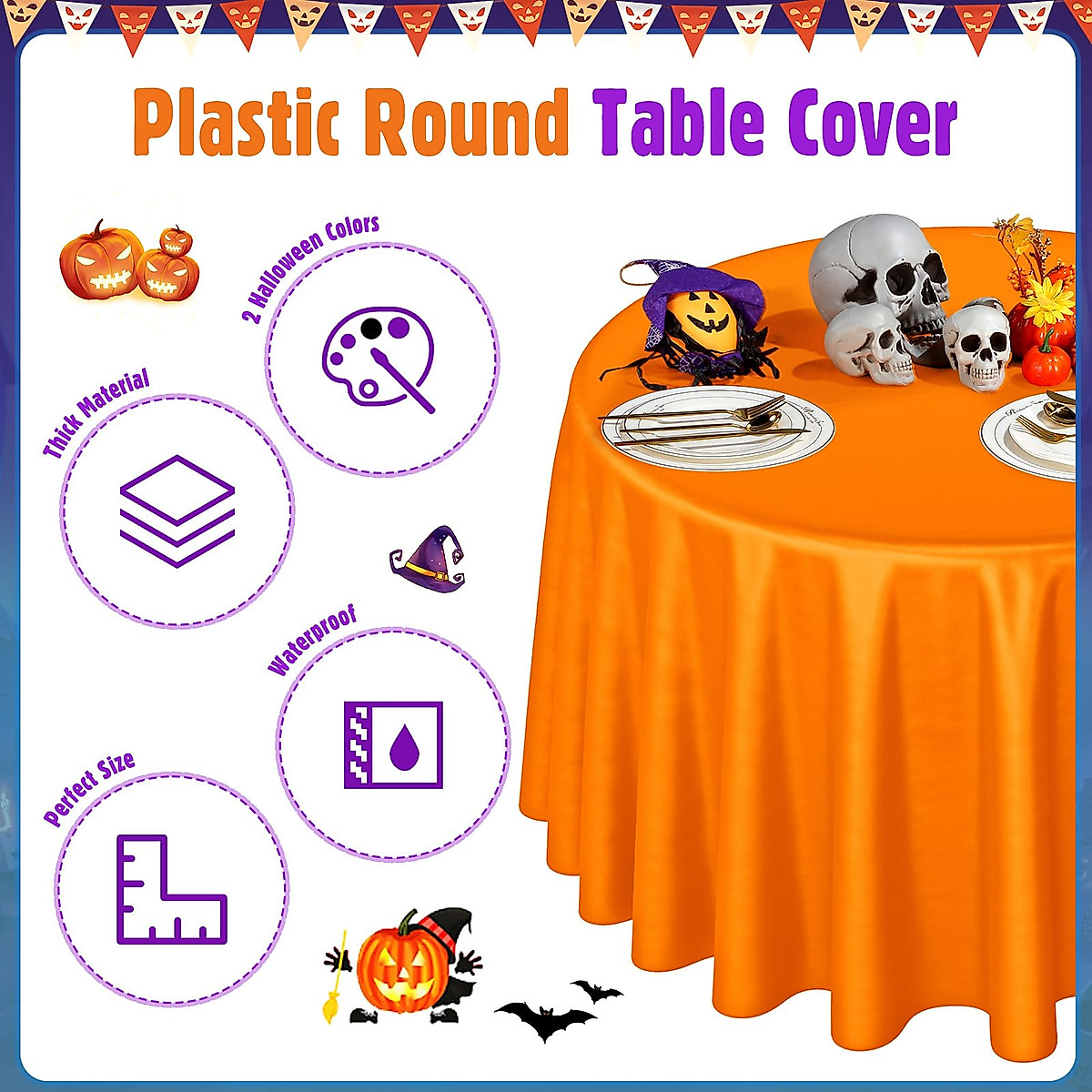 Preboun 12 Pcs Halloween Plastic Tablecloth Orange Black Round Waterproof Disposable Table Cover Round Table Cloths Circle Party Tablecovers for Dining Buffet Outdoor Camping Picnic, 83.86 Inch