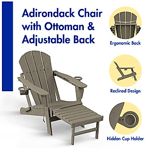 BRIOPAWS Folding Adirondack Chair with Adjustable Backrest & Ottoman, Wood Texture All-Weather HDPE Outdoor Chairs w/Cup Holders & Retractable Footrest for Poolside, Fire Pit, Campfire, Light Brown