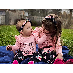DOOLECK Little Sister Big Sister Outfits Matching Set Baby Girl Long Sleeve Ruffle Tops Romper Floral Pants Headband 3PCS Clothes Set (0-3 Months, Little Sister, Pink)