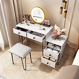 AVZEAR Vanity Mirror, Dressing Table with Lighted Mirror Makeup Dressing Table with Large Drawer and 4-Drawer Chest, 3-Color Touch Screen Dimmable Mirror with Cushioned Stool, White