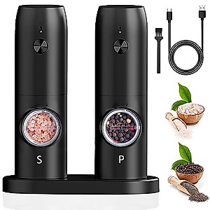 Electric Salt and Pepper Grinder Set Rechargeable With Charging Base, Automatic Salt and Pepper Mill Set with Adjustable Coarseness and LED Light (Black)
