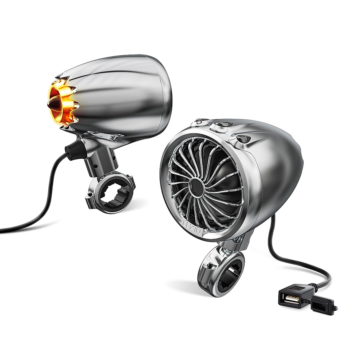 LEXIN Q3 Motorcycle Speakers Bluetooth Waterproof, 3" Full Range Handlebar Audio Systems for Harley with Stereo/Bass Sound, Turning Light, Bluetooth V5.1, FM Radio, Fits ATVs/UTVs, Chrome