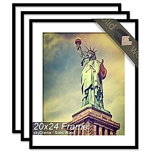 skyDrama 20x24 Picture Frame Black Solid Wood Material Set of 3, Display 16x20 Photo without Mat or 20x24 Poster with Mat, Light Weight High Transparent 20by24 Frame for Wall - 20"x24"/Black/3Pack
