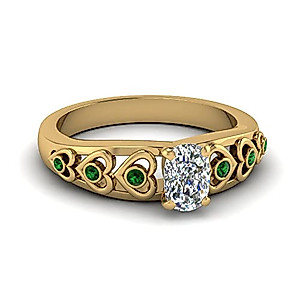 55Carat Heart Design Diamond Accent Ring yellow gold plated Created Emerald Cushion shape Green color Side Stone Engagement Rings bezel Setting in Size 8 Handcraft Chakra Healing