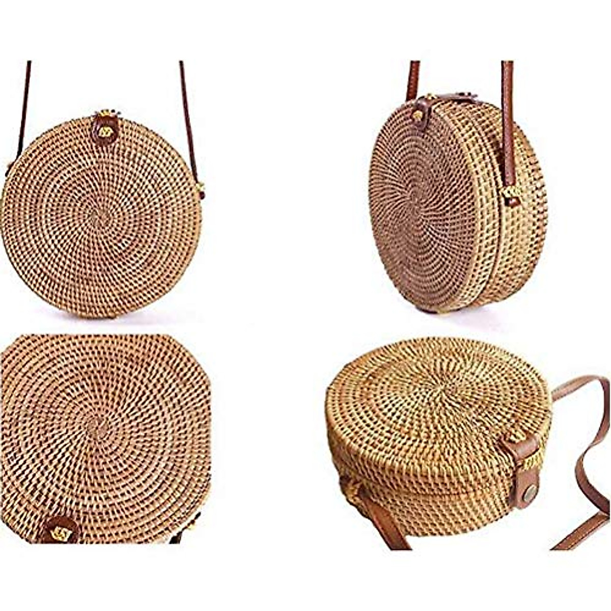 Hossejoy Handwoven Round Rattan Bag Shoulder Leather Straps for Women