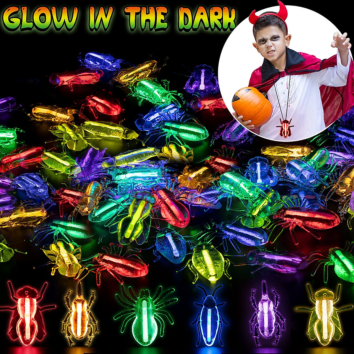 82 Pcs Glow Critters For Halloween Party Favor, Include Glow Bugs and Mini Glow Sticks, Glow in the Dark Party Toys Set for Kids, Trick or Treating Goodie Supplies, School Classroom Game Prizes