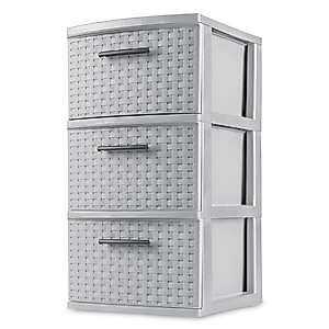 Sterilite 3 Drawer Weave Storage Tower, Plastic Decorative Drawers to Organize Clothes in Bedroom, Closet, Gray with Gray Drawers, 2-Pack