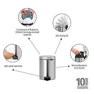 Brabantia Bathroom Pedal Bin 5L, 1.3 Gal, Matt Steel
