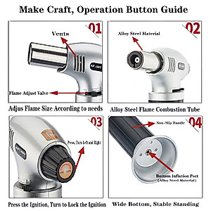 Refillable Butane Torch, Cooking Flame Stable & Adjustable, with Safety Lock, Fit All Gas, for Desserts, Creme Brule, BBQ Baking,Welding. (Gas not Includ, 4.72x1.8x5.7 inches), Black, SF-507