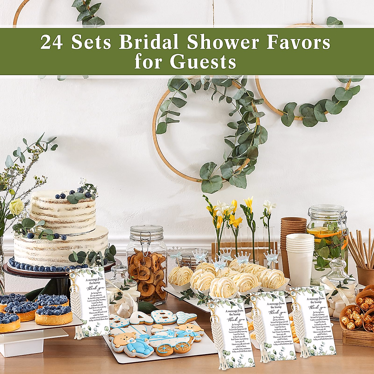 Ecation 24 Sets Baby Shower Favors for Guests Boho Macrame Keychains Crochet Tassel Key Ring Thank You Cards with Rope