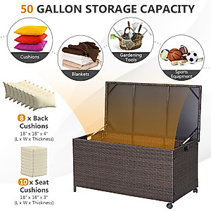 Toolsempire 50 Gallon Deck Box, PE Wicker Storage Box with Lid, Water-resistant Liner & Universal Wheels, Outdoor Storage Container for Pillows, Cushions, Garden Tools (Mix Brown)