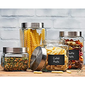 4pc Square Glass Cookie Jars with Airtight Lids + Marker & Labels, Canister Sets for Kitchen Counter or Bathroom - Food Storage Containers with Lids for Pantry - Flour, Sugar, Coffee, Cookies, etc.