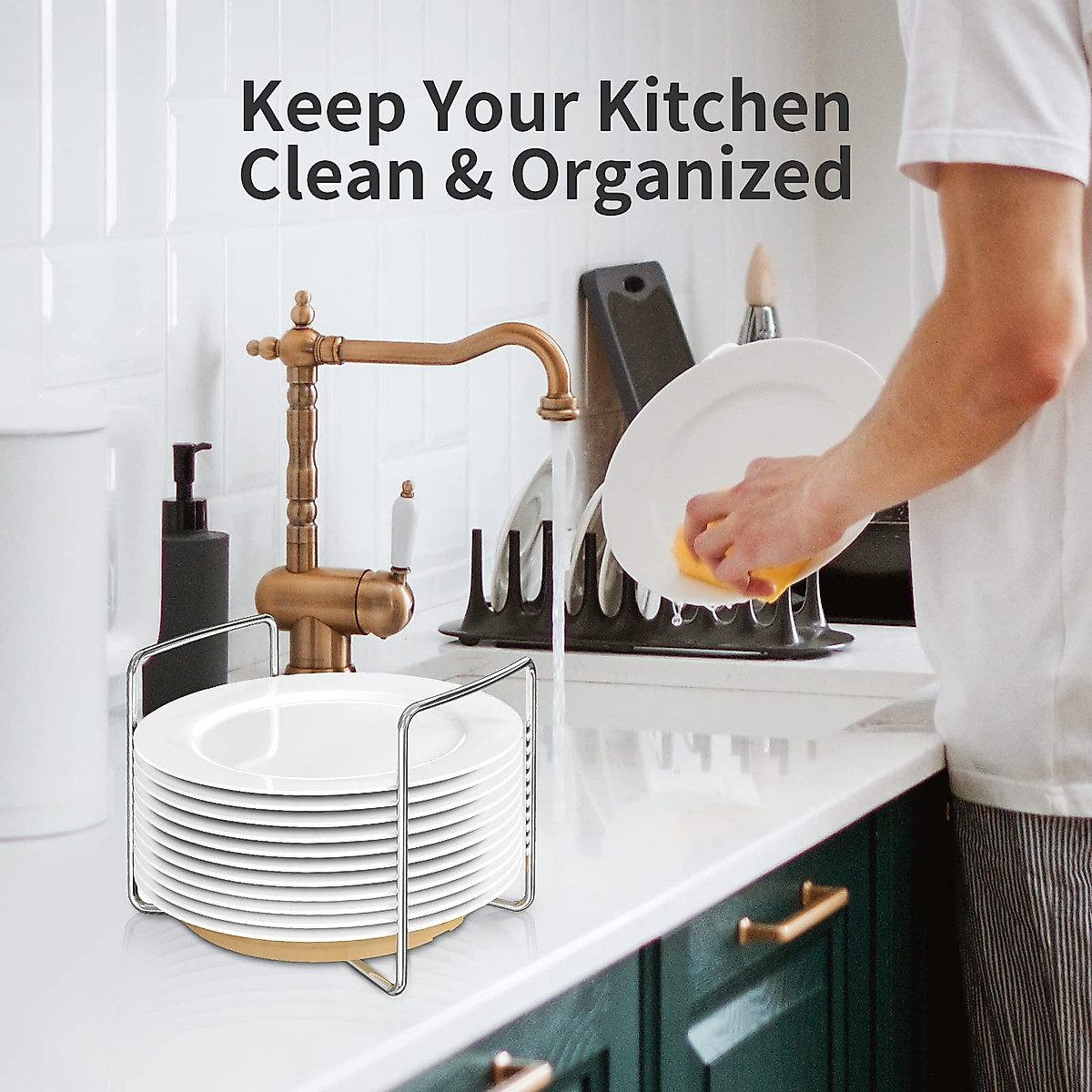 Bamboo Plate Holders for Dinner Plates, 2 Pack Adjustable Stainless Steel Plate Dish Rack Organizer with Portable Handle for Kitchen Drawer, Countertop, Cabinet, Shelf, Cupboard (Small and Large)