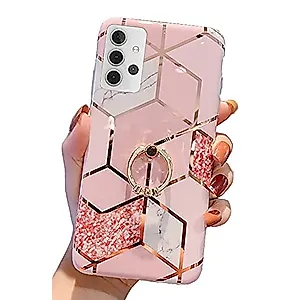 Qokey Compatible for Samsung Galaxy A32 5G Case(Not fit A32 4G),Bling Cute Flower Marble 360°Ring Holder Kickstand Soft TPU Shockproof Girls Women Cover Designed for Galaxy A32 5G 6.5" Rhombic Marble