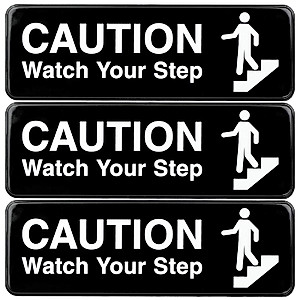 Excello Global Products Caution Watch Your Step Sign: for Business Restaurants Offices Indoor Outdoor Use Easy to Mount Informative Plastic Sign with Symbols 9” x 3”, Pack of 3 (Black)