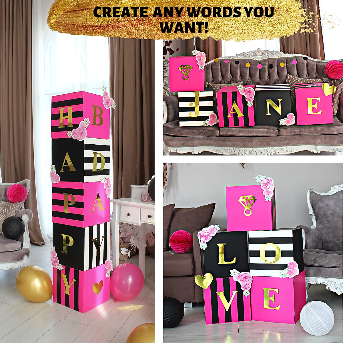 Hot Pink Party Decorations for Birthday, Bachelorette, Bridal or Baby Shower - 5 Boxes Blocks, 52 PC Letters for Custom NAME and 6 Flower Cutouts. Pink Rose Black White - Kate Spade Inspired