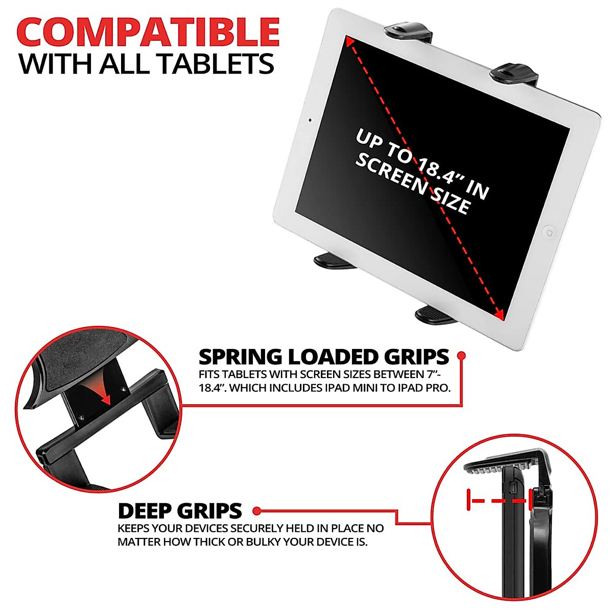 Tackform Universal Tablet Holder Compatible with Stationary Bicycle, Treadmill, Elliptical, Spin Bike, Microphone Stand, and Indoor Exercise Equipment - Compatible All Tablets Including iPad