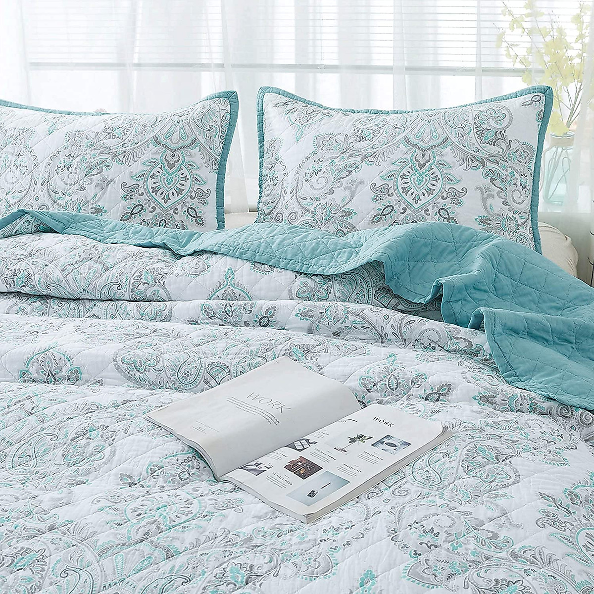 KASENTEX Authentic 100% Cotton 3-Piece Oversized Twin XL Quilt Set Soft Bedspread Coverlet Sets (Blue Paisley, 80X106+20X26 X2)