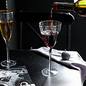 1500° C TABLETOP Wine Glasses Set of 4, 12 oz. Long Stemmed Gold Rim Hammered Glasses for White and Red Wine